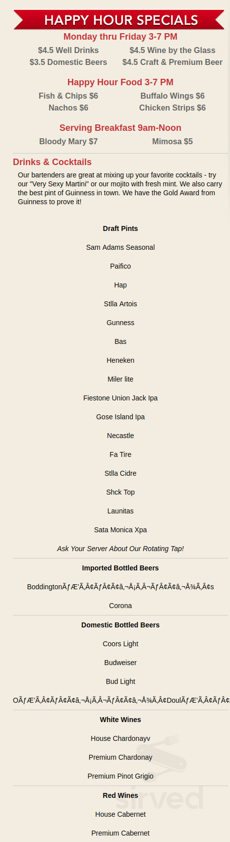 Britannia Pub menu in Santa Monica, California, USA
