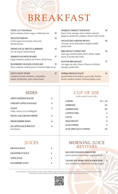 Banter Restaurant menu in West Palm Beach, Florida, USA