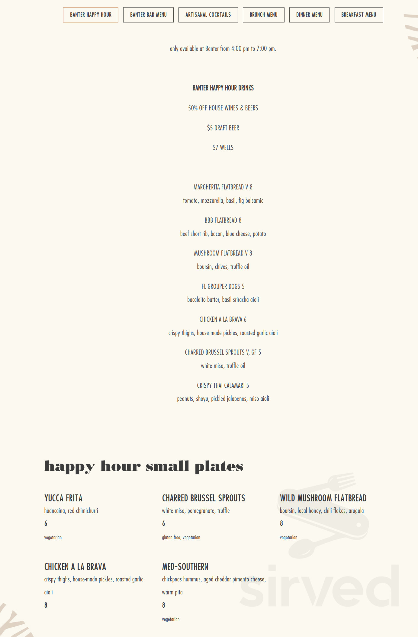 Menu for Banter Restaurant in West Palm Beach, FL | Sirved