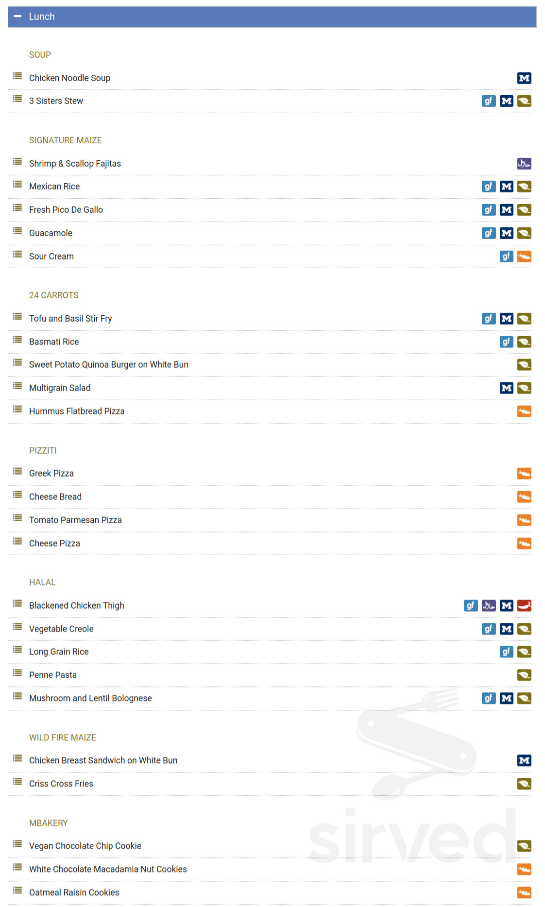 East Quad Dining Hall menu in Ann Arbor, Michigan, USA