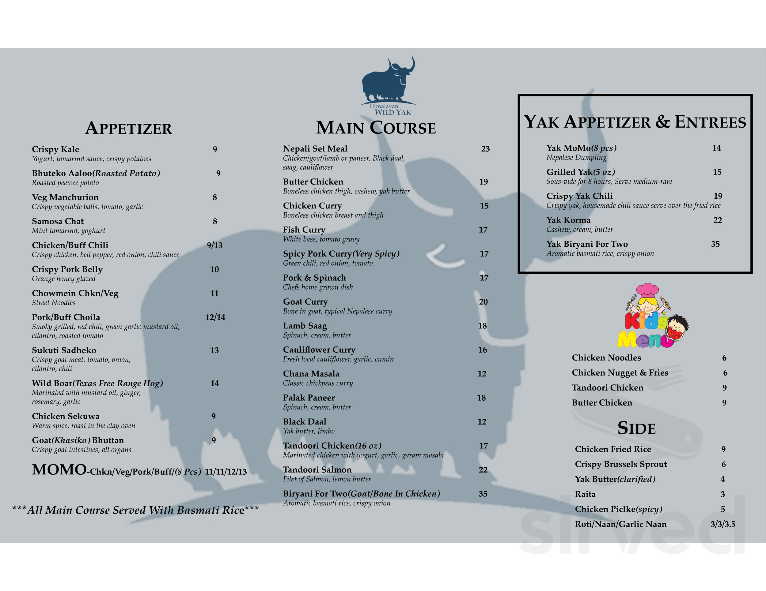 Himalayan Wild Yak menu in Ashburn, Virginia, USA