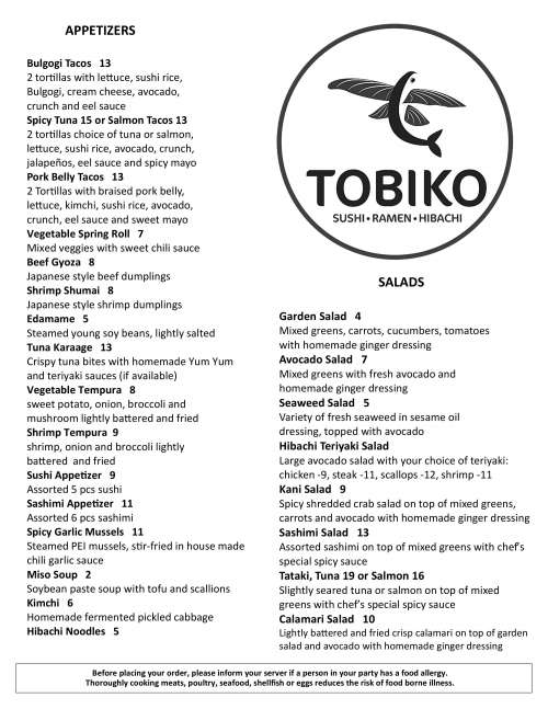 Tobiko Sushi menu in Westfield, Massachusetts, USA