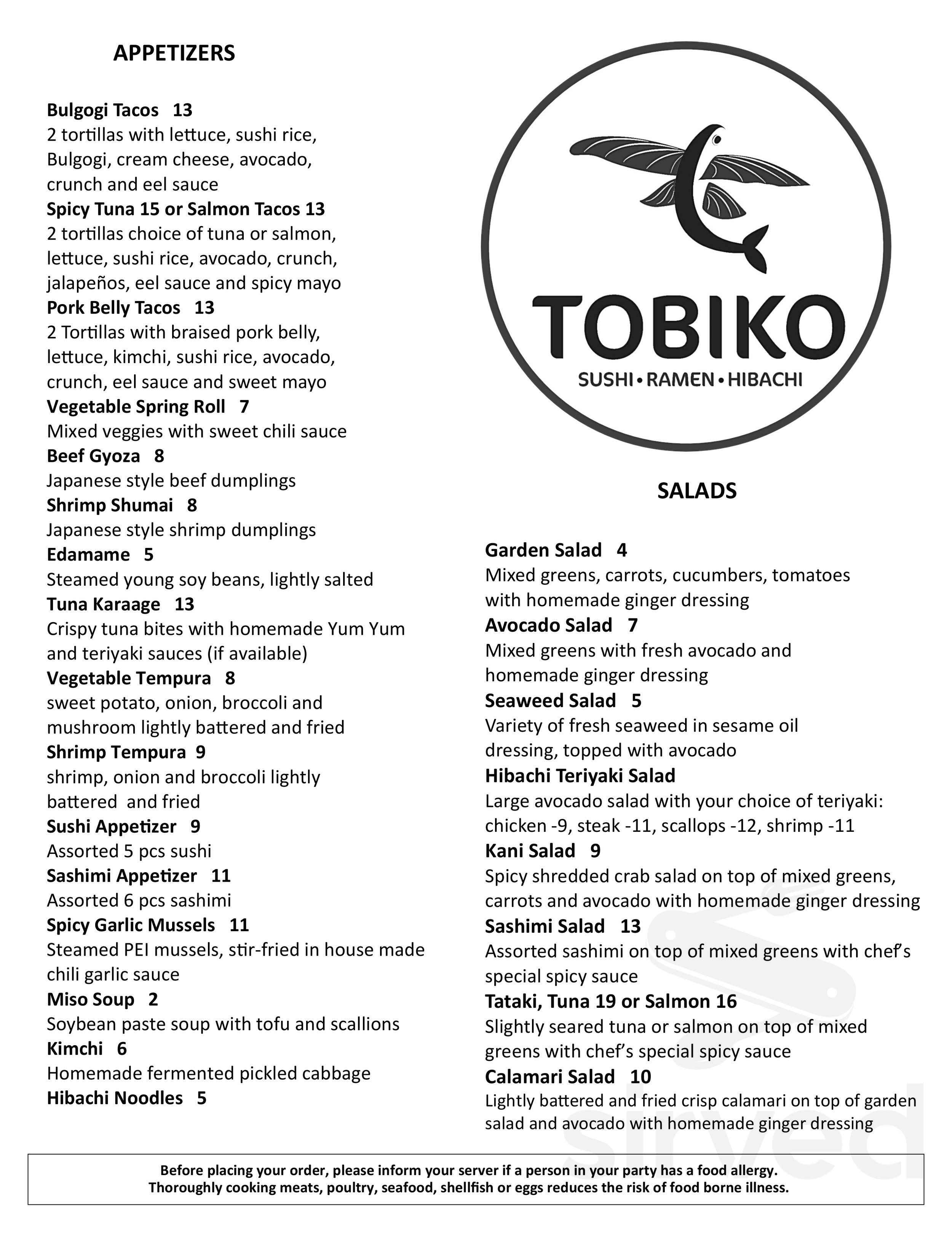 Menu - Westfield MA's Tobiko Sushi | Sirved