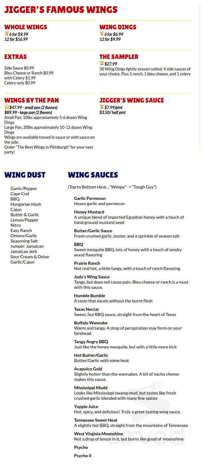 Jigger's Pub menus in Export, Pennsylvania, United States