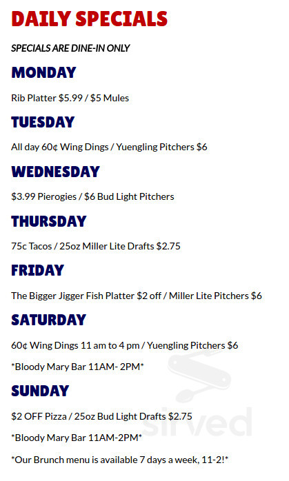 Jigger's Pub menus in Export, Pennsylvania, United States