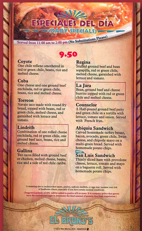 El Bruno's Restaurante y Cantina menu in Cuba, New Mexico, USA