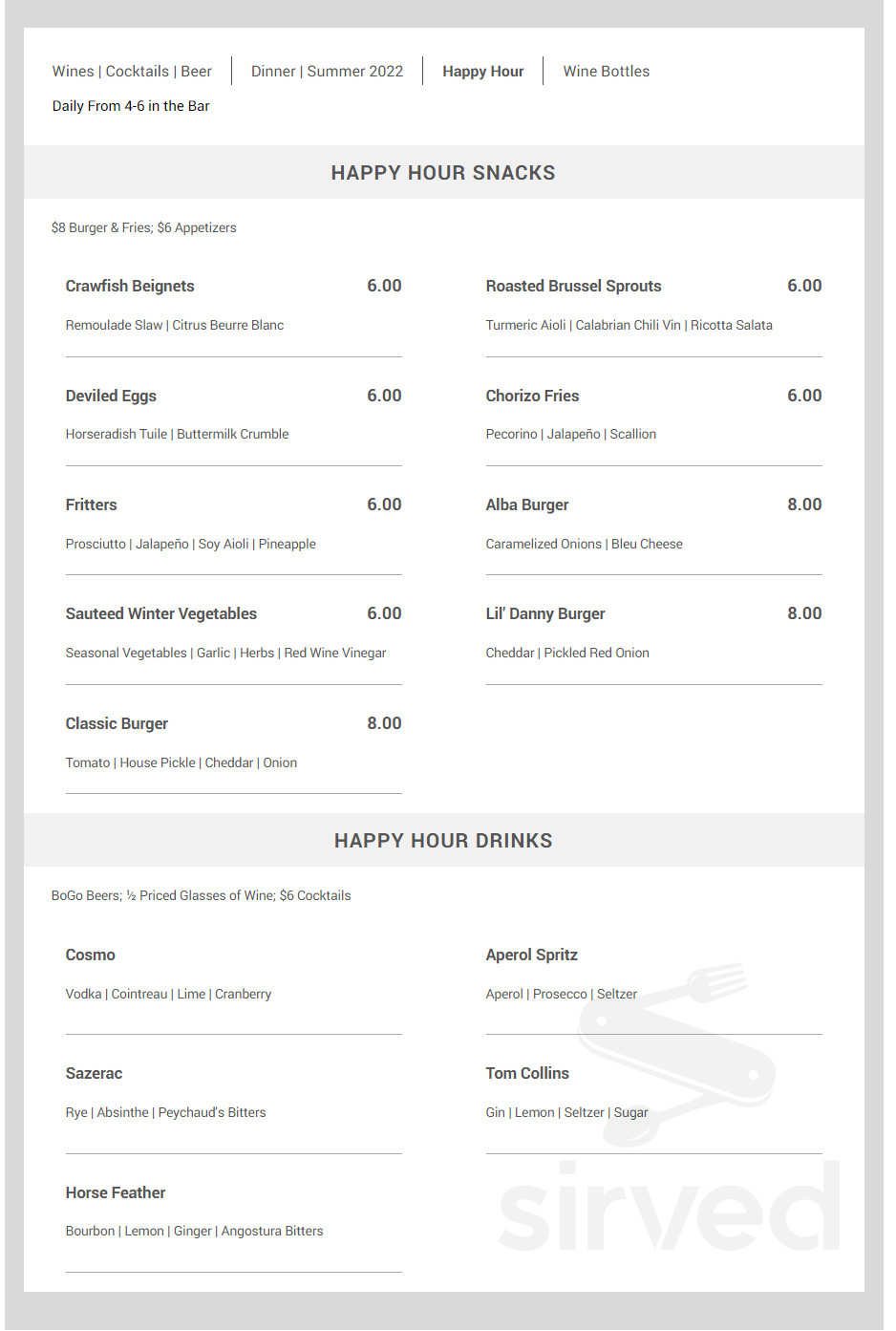 Alba Restaurant menu in Des Moines, Iowa, USA