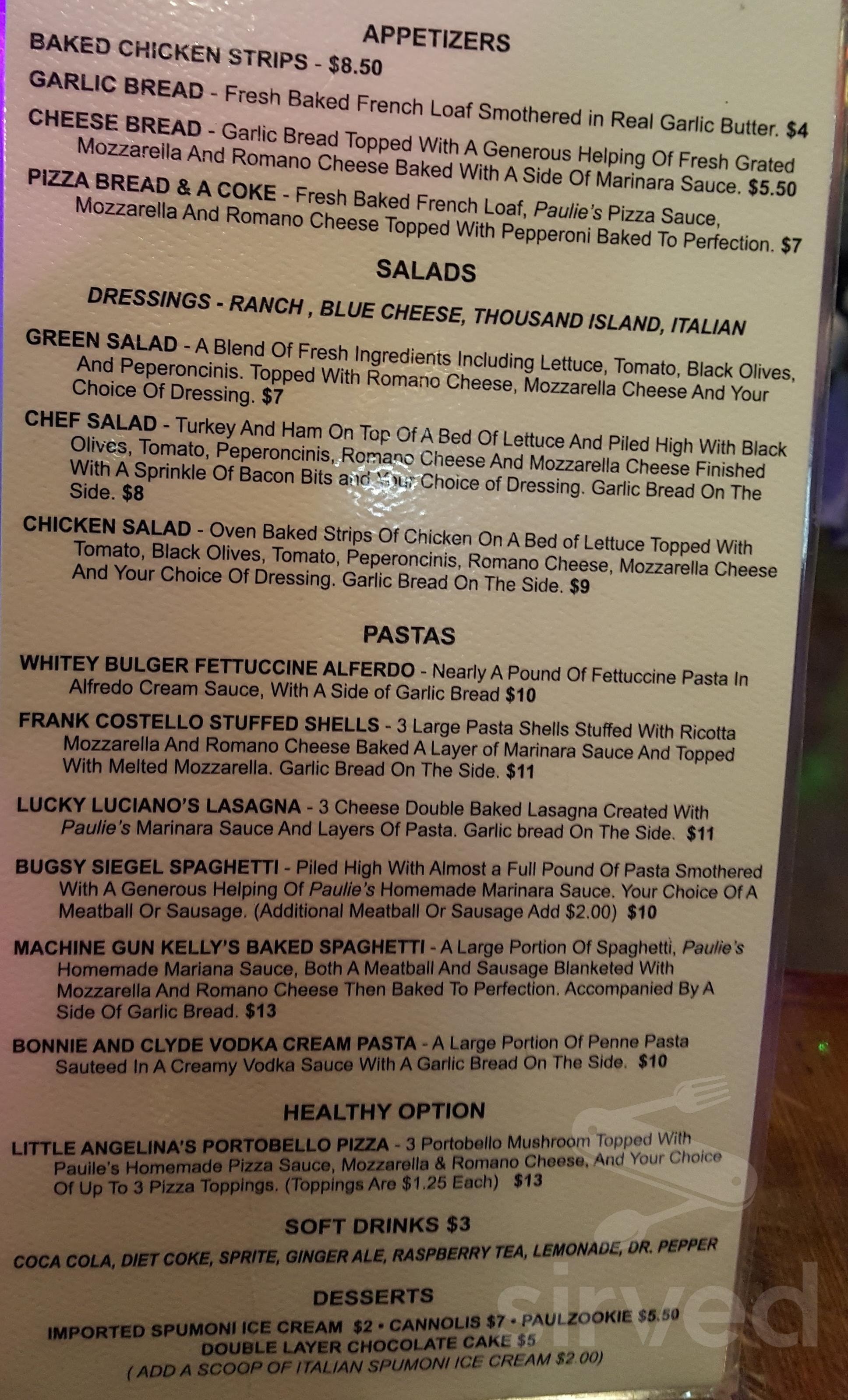 Paulie's Pizza Pub menu in Upland, California, USA