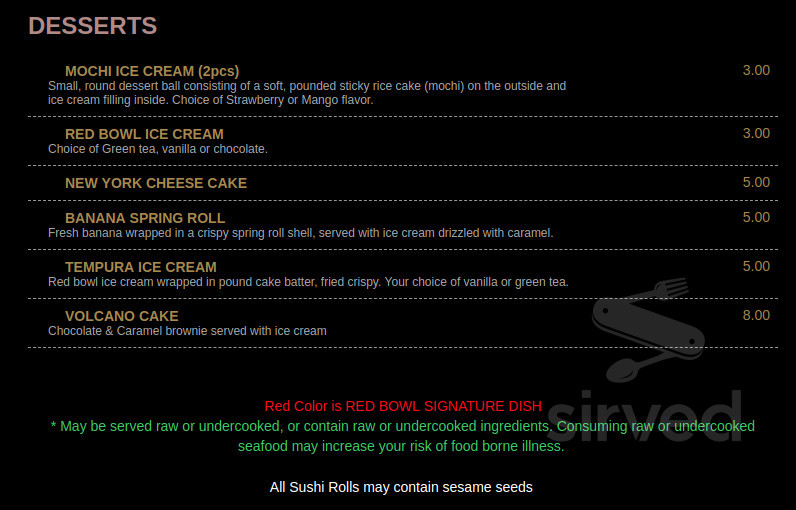 Red Bowl Asian Bistro menu in Southern Pines, North Carolina, USA