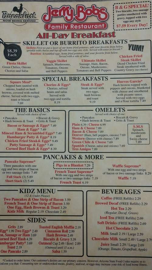 Jerry Bob's menu in Tucson, Arizona, USA