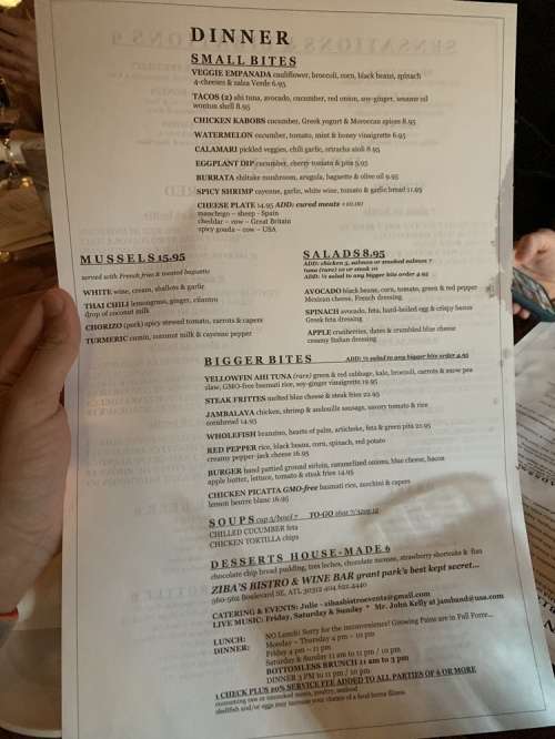 Ziba's Bistro menu in Atlanta, Georgia, USA