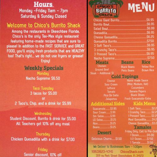 Chico's Burrito Shack menu in Okeechobee, Florida, USA