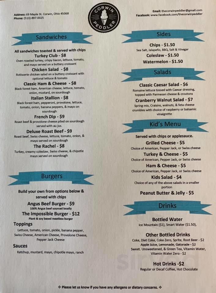 The Corwin Peddler menus in Waynesville, Ohio, United States