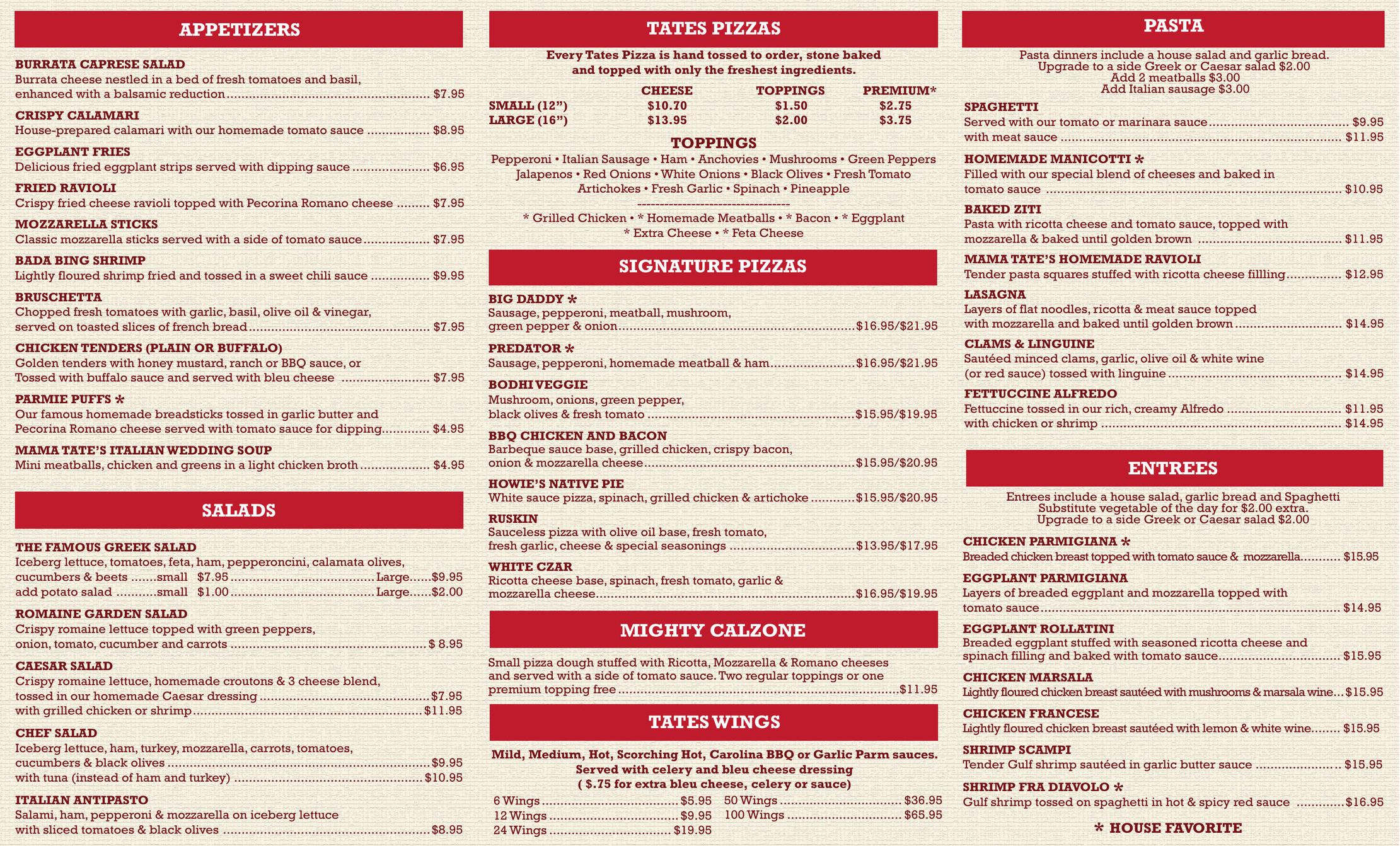 Tates Italian Restaurant & Pizzeria menu in Tampa, Florida, USA