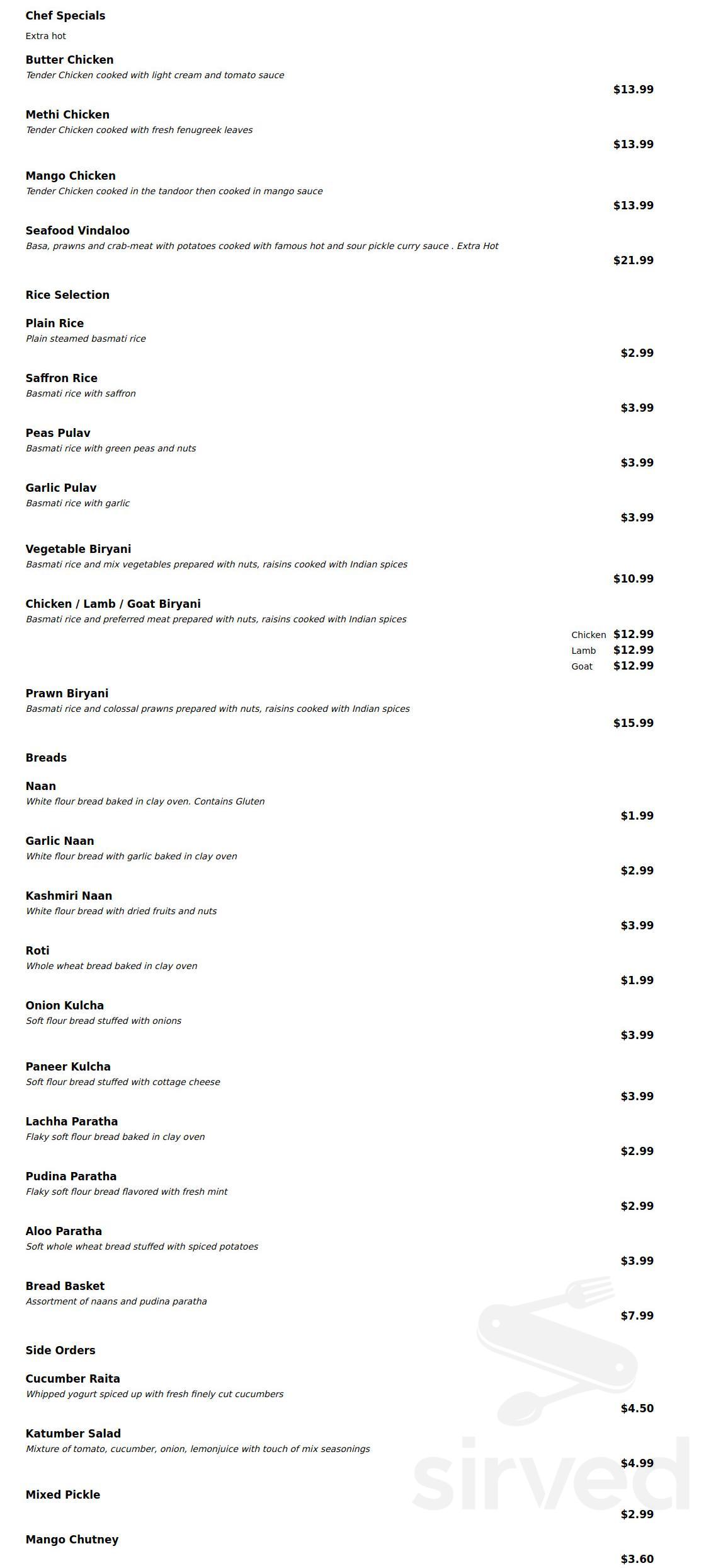 Menu - Brampton ON's Bukhara Grill | Sirved