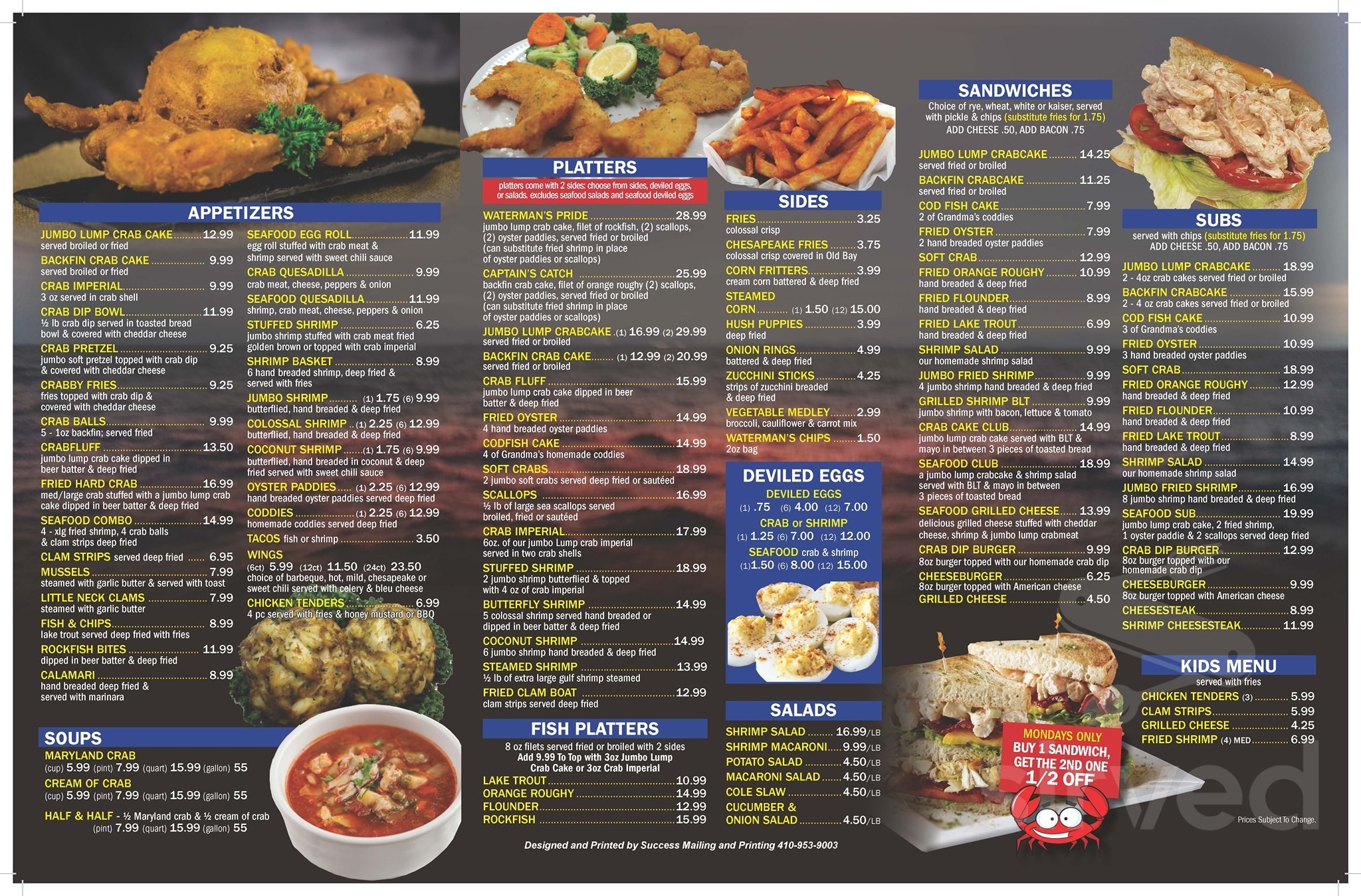 Waterman's Pride Seafood menu in Baltimore, Maryland, USA