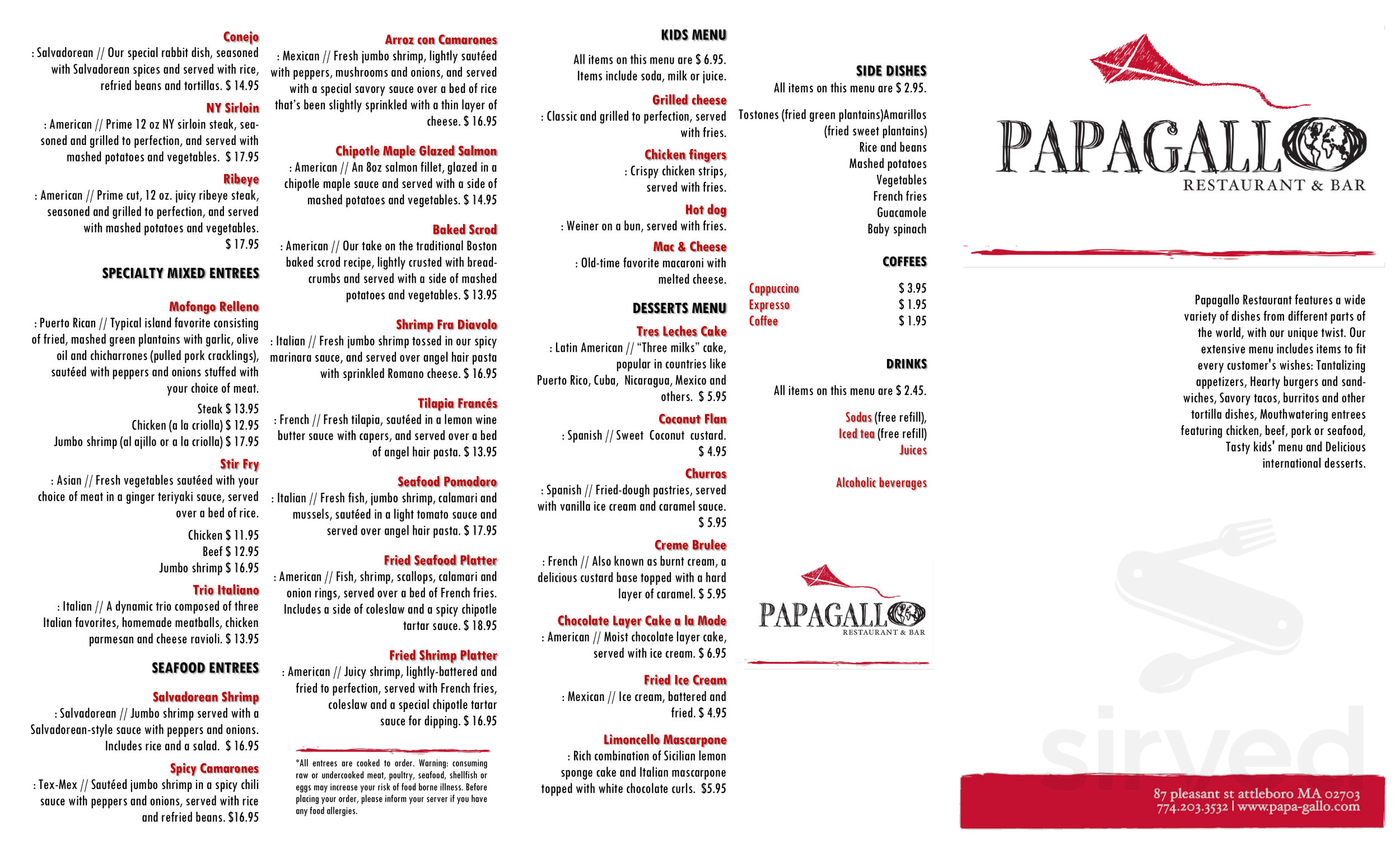 Papagallo Restaurant menu in Attleboro, Massachusetts, USA
