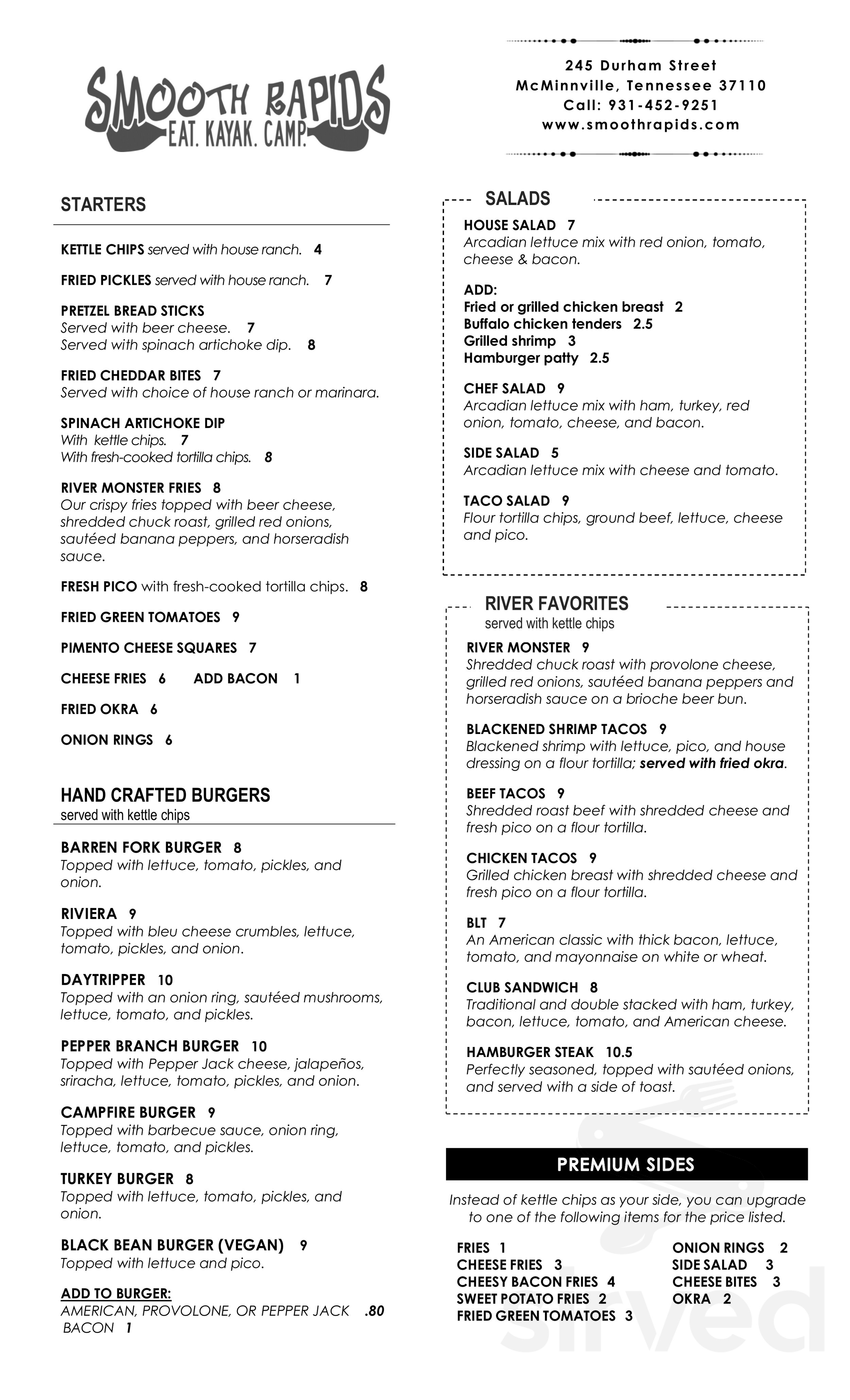 Smooth Rapids eat.kayak.camp menu in McMinnville, Tennessee, USA