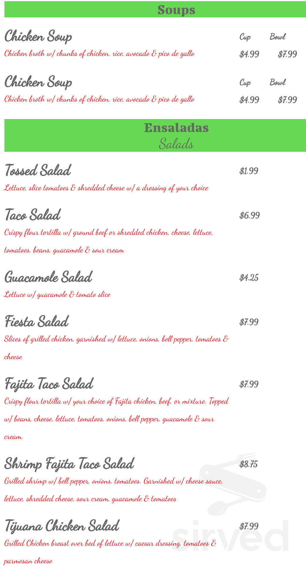 Menu - Mountain Home AK's Salsa's Grill | Sirved