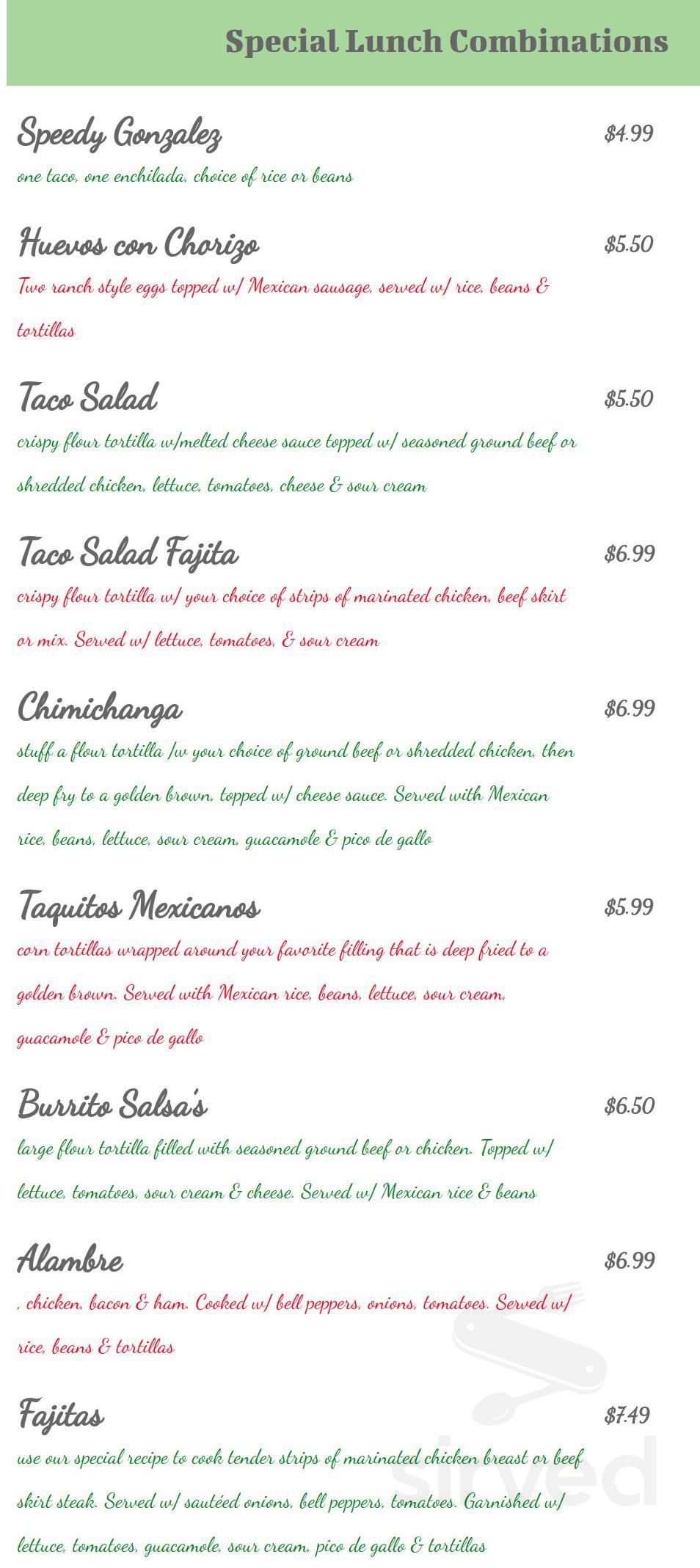 Salsa's Grill menu in Mountain Home, Arkansas, USA