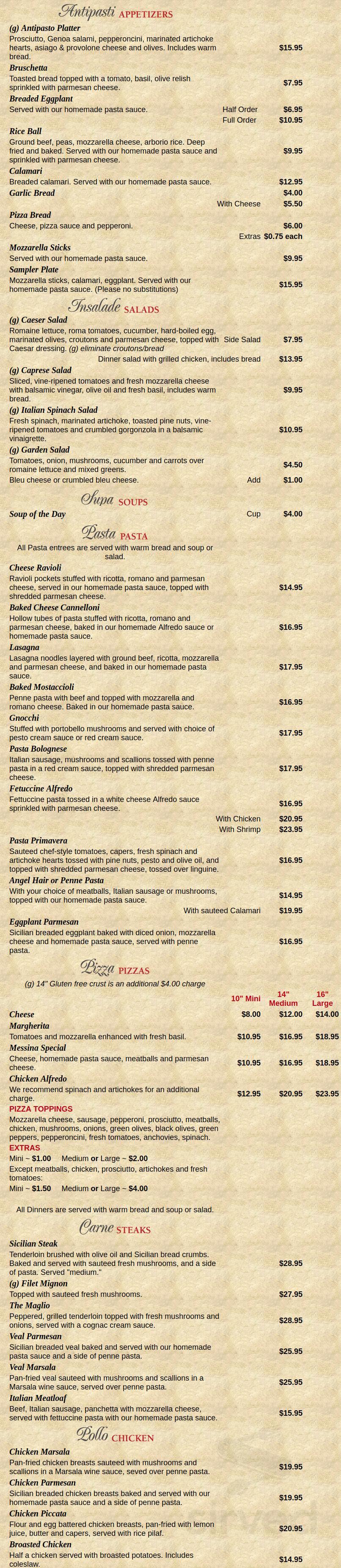 Messina Restaurant & Lounge menu in Saukville, Wisconsin, USA