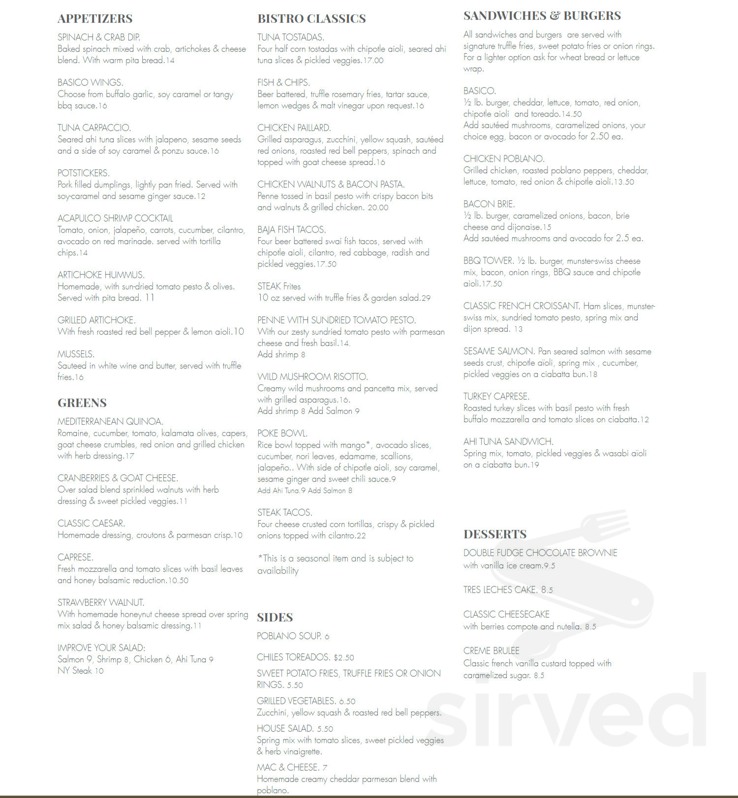 Menu - El Paso TX's Basico Bistro Cafe | Sirved
