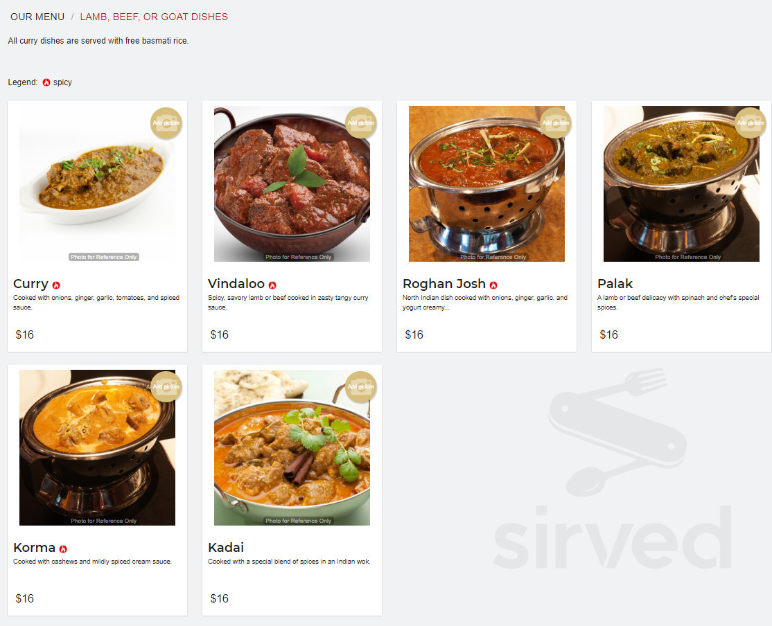 Tandoori Flare menus in White Rock, British Columbia, Canada