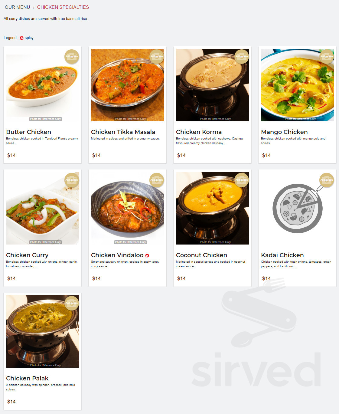 Tandoori Flare menus in White Rock, British Columbia, Canada