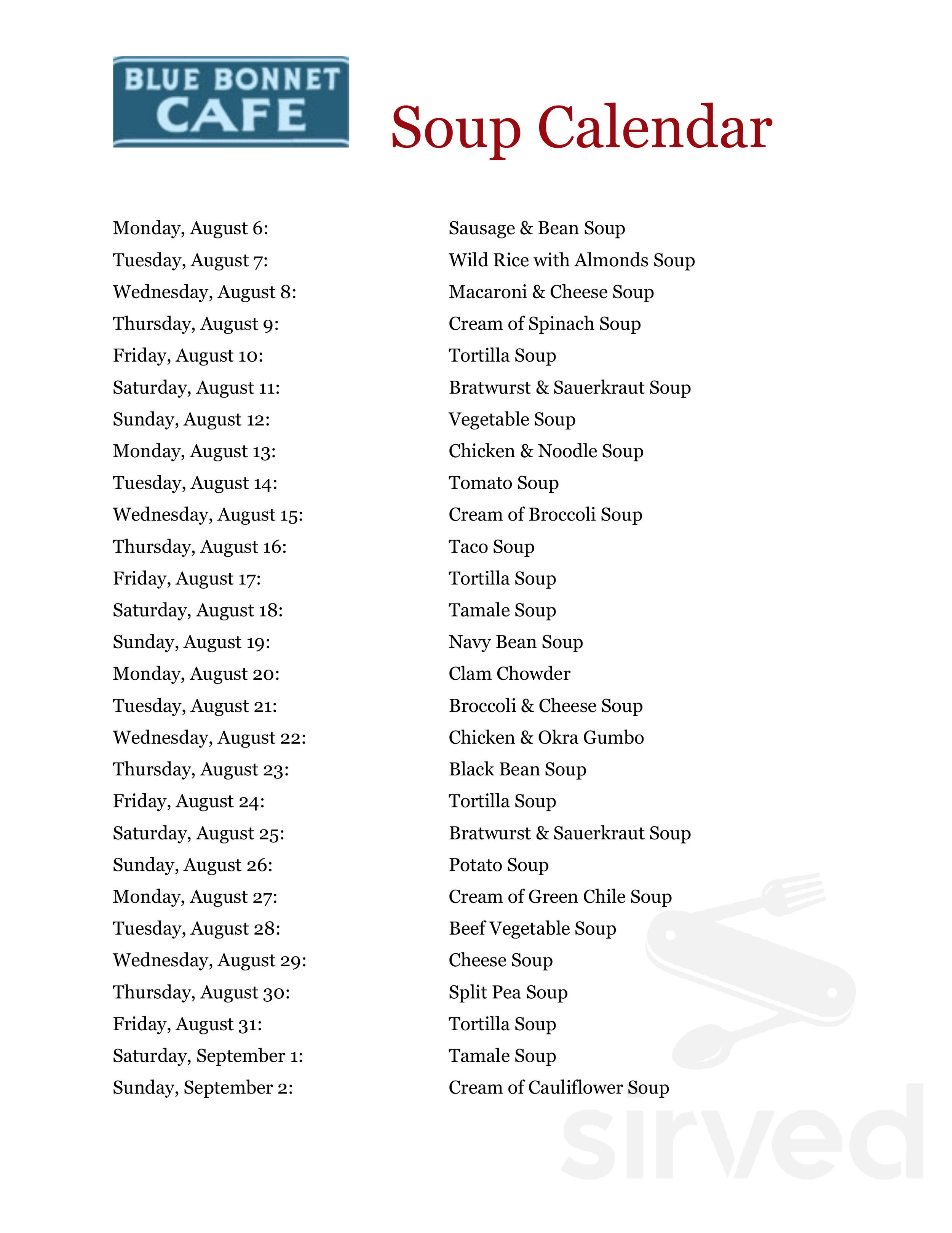 Blue Bonnet Cafe menu in Marble Falls, Texas, USA