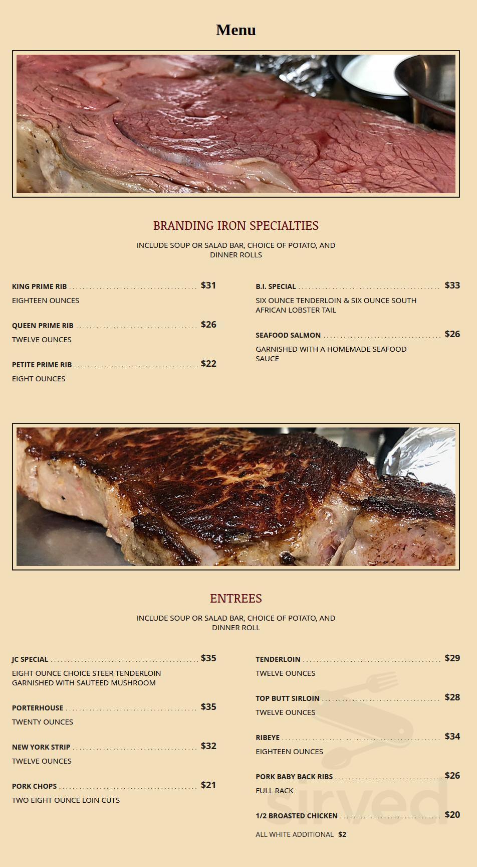 Branding Iron Supper Club menu in Wisconsin Rapids, Wisconsin, USA