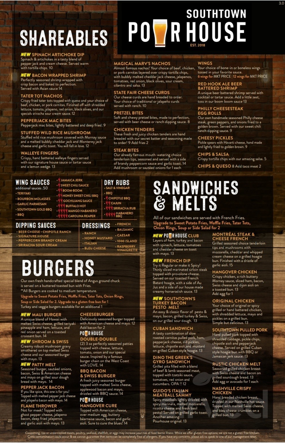 SouthTown PourHouse menu in Fargo, North Dakota, USA