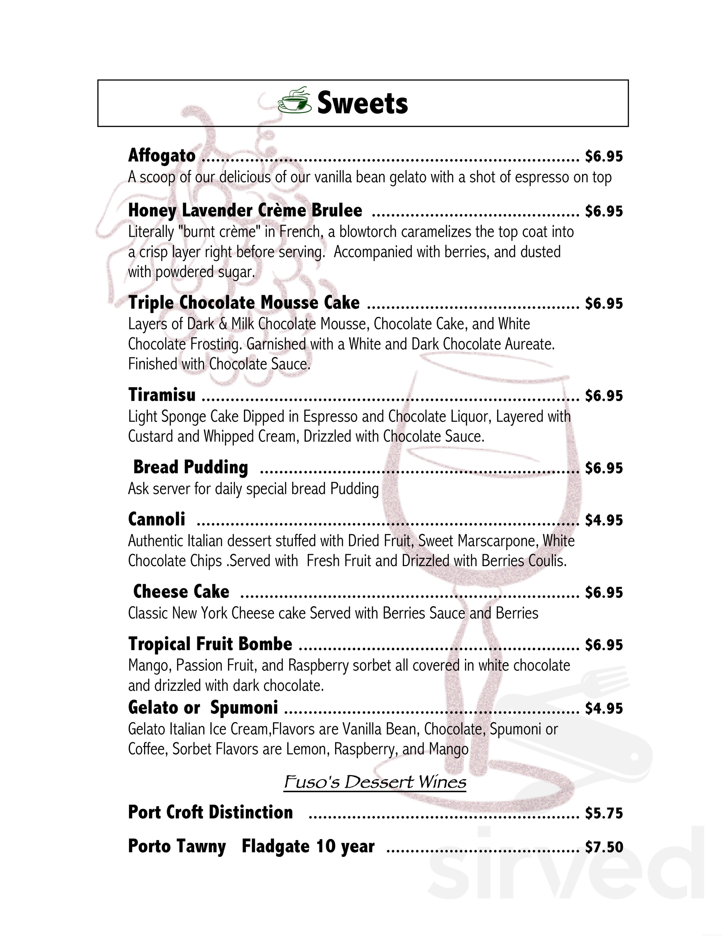 Menu for Fuso | Fusion Italian Restaurant in Vacaville, CA | Sirved