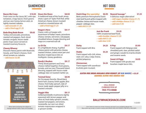 Ballywhack Shack menu in Occoquan Historic District, Virginia, USA