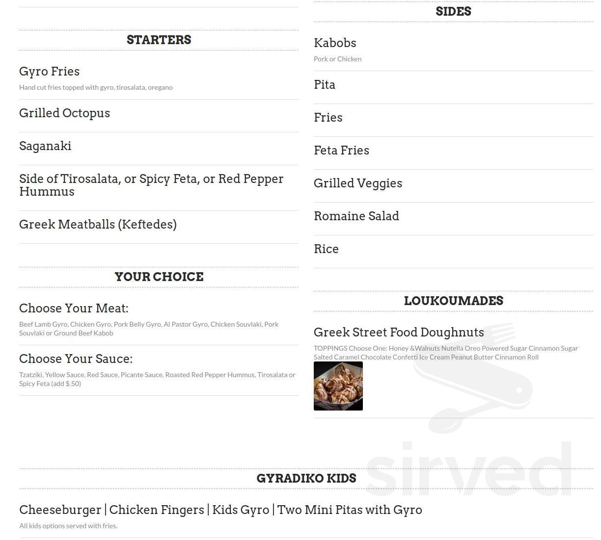 Gyradiko menus in Carpentersville, Illinois, United States