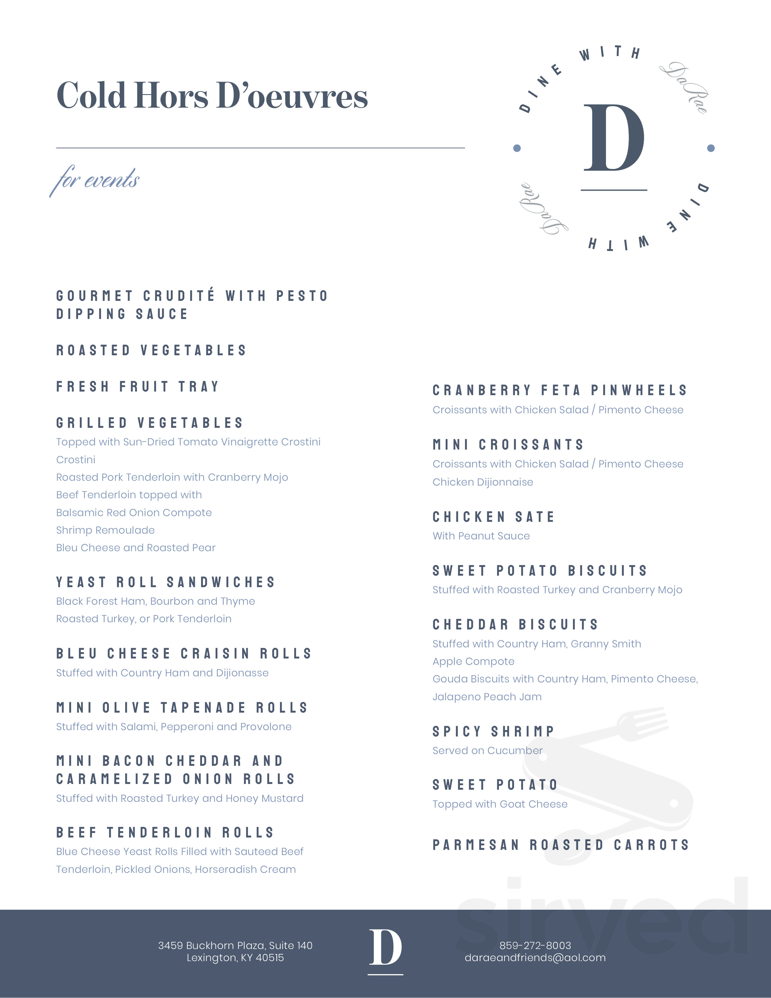 Menu - Lexington KY's Darae & Friends Catering | Sirved