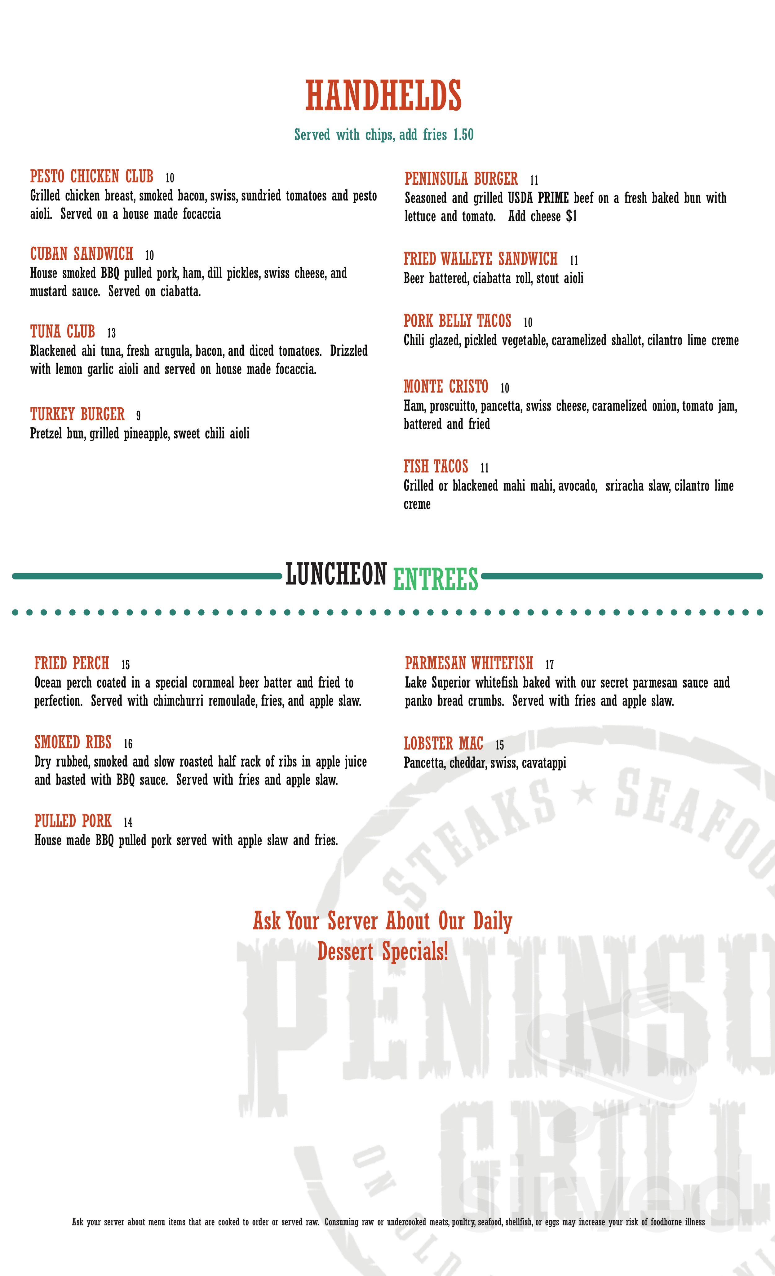 Peninsula Grill menu in Traverse City, Michigan, USA