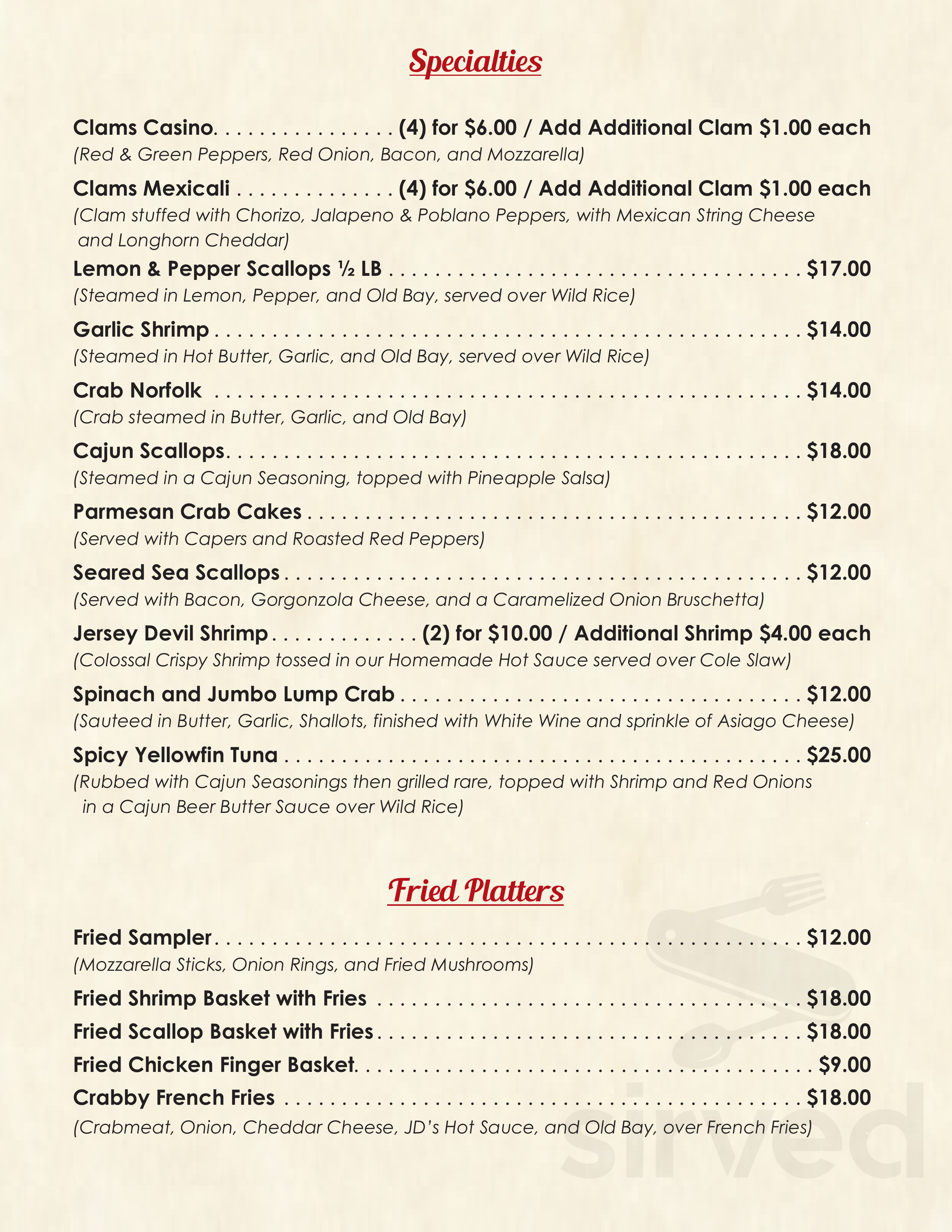 Oyster Creek Restaurant And Boat Bar menu in Leeds Point, New Jersey, USA