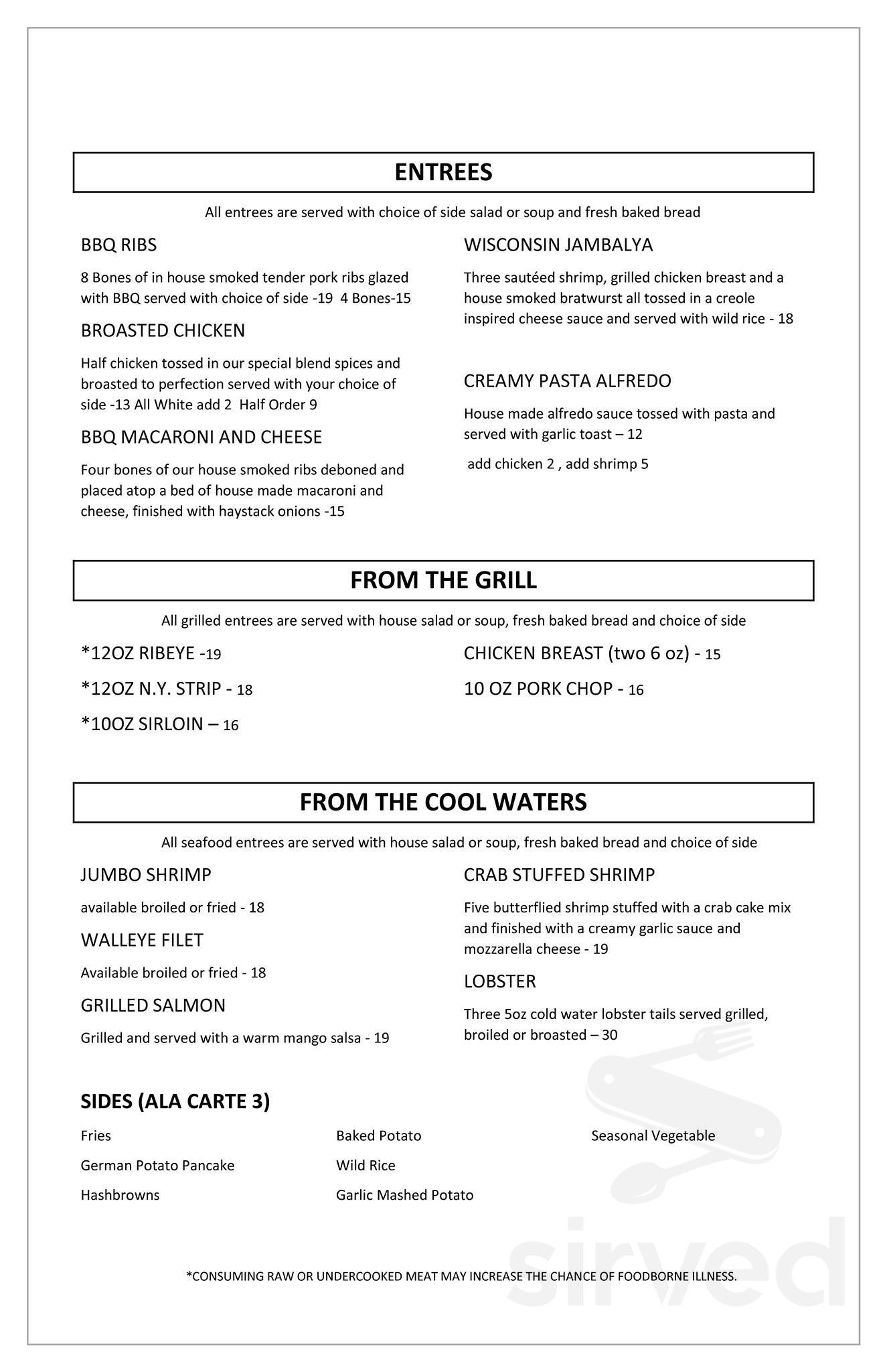 Menu for The Cove Supper Club in Briggsville, WI | Sirved