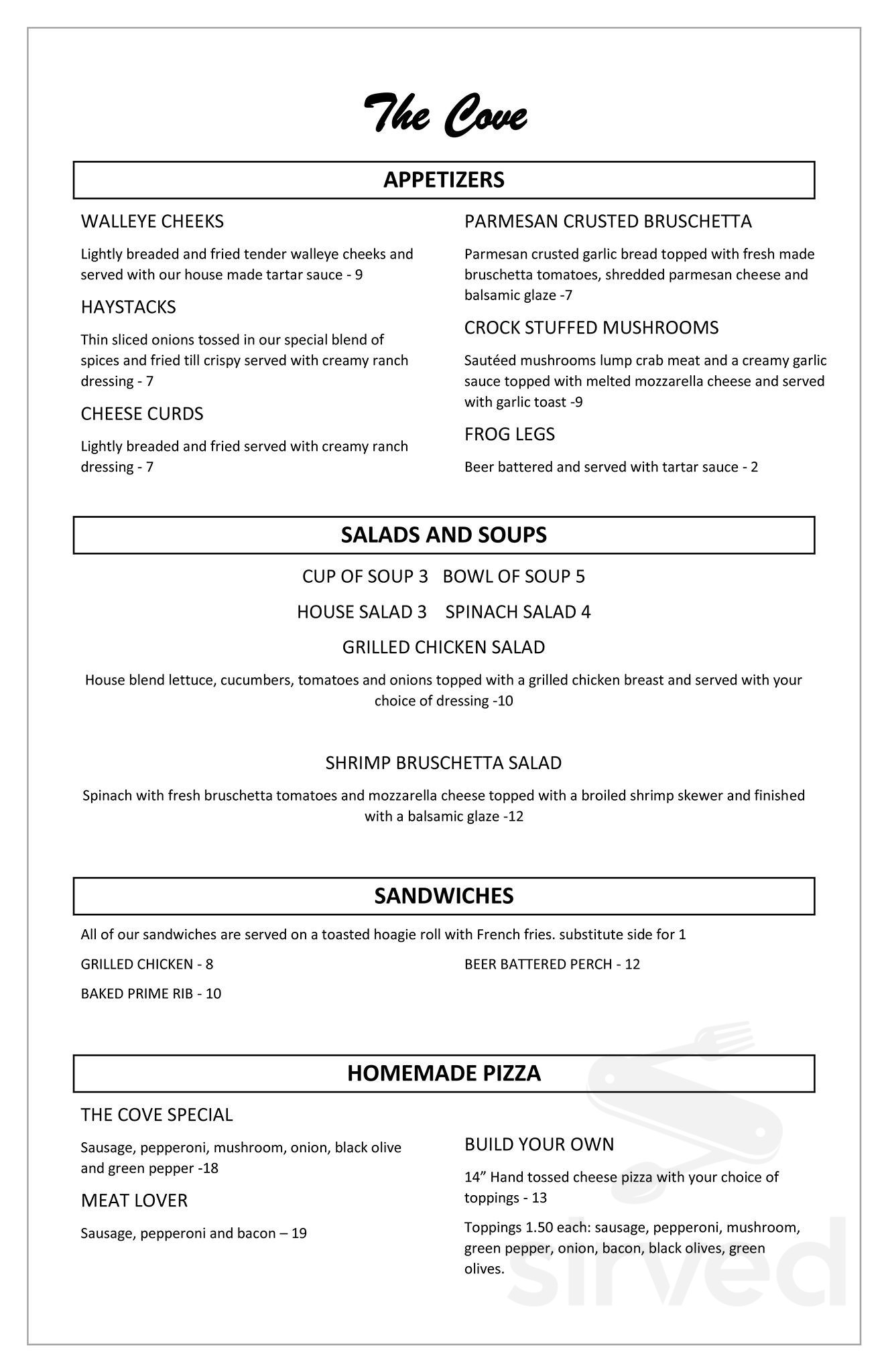 The Cove Supper Club menus in Briggsville, Wisconsin, United States