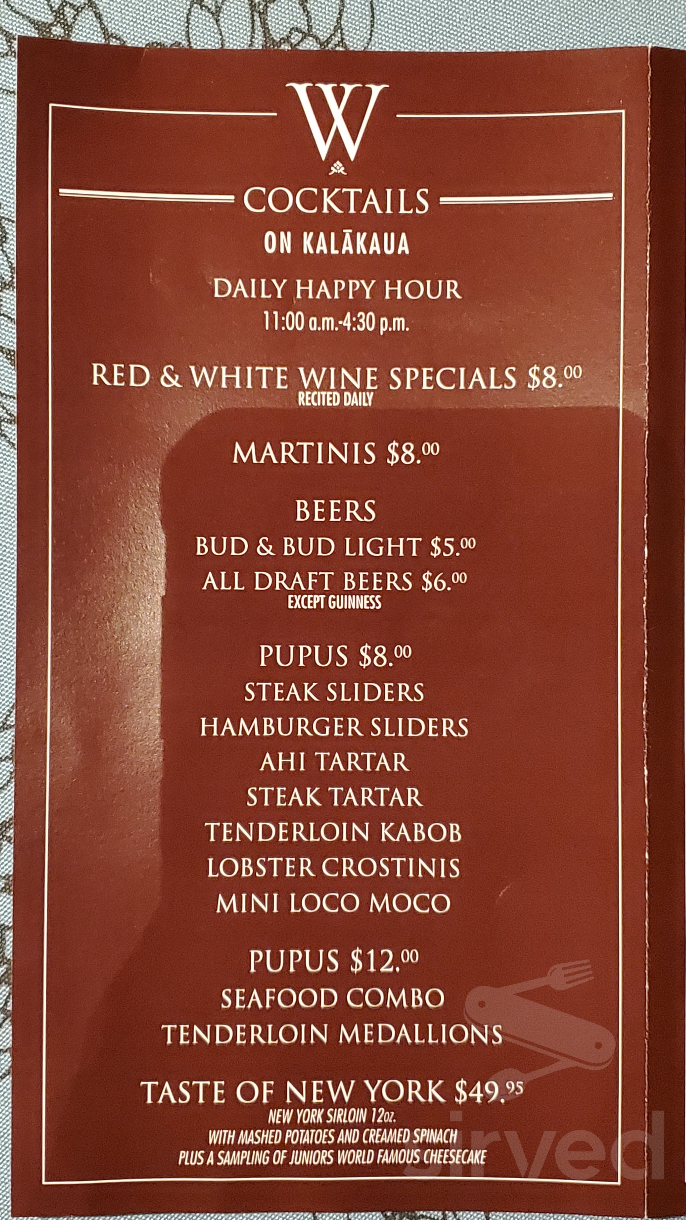 Wolfgang's Steakhouse Waikiki menu in Honolulu, Hawaii, USA