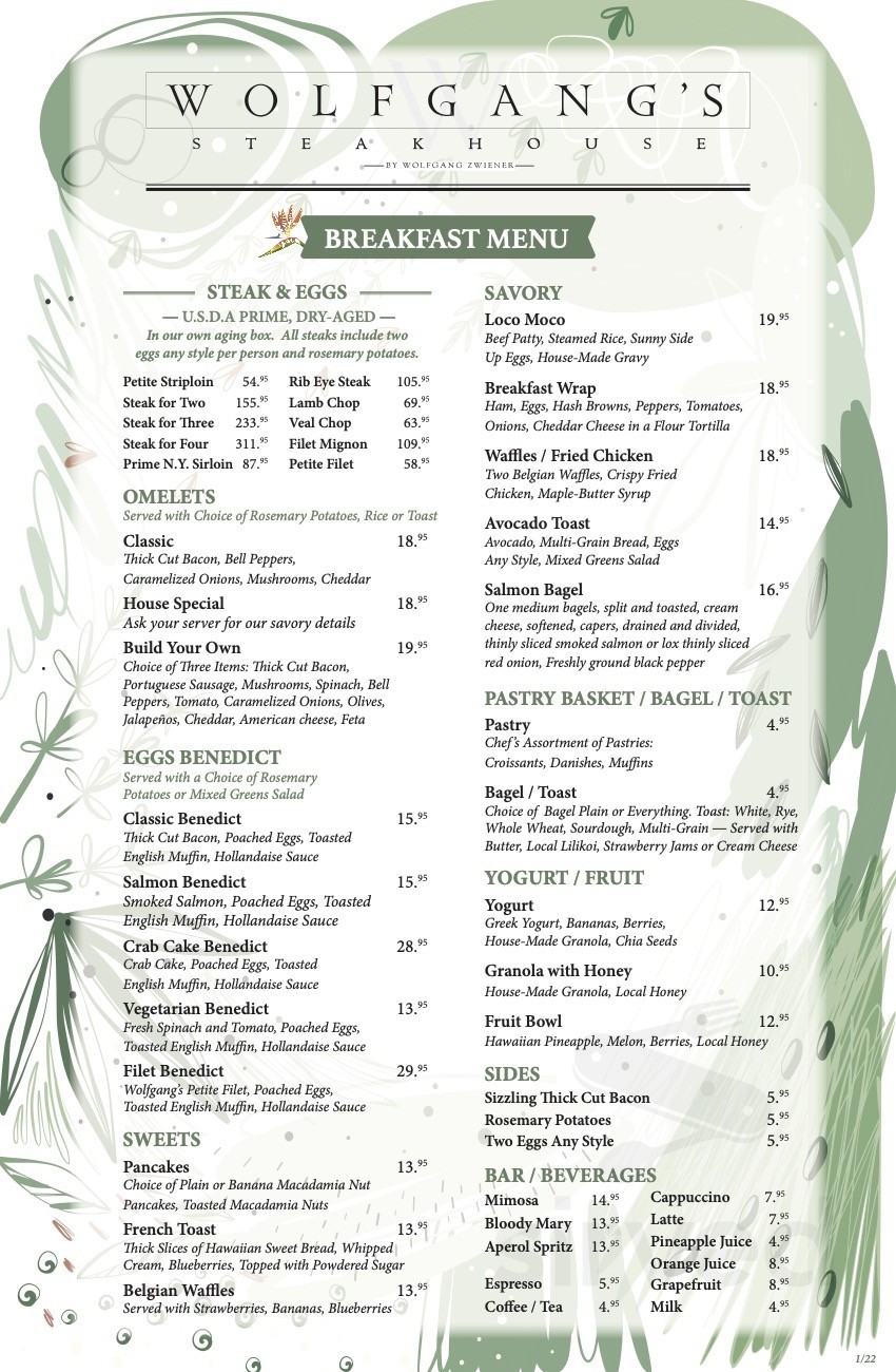 Wolfgang's Steakhouse Waikiki menu in Honolulu, Hawaii, USA