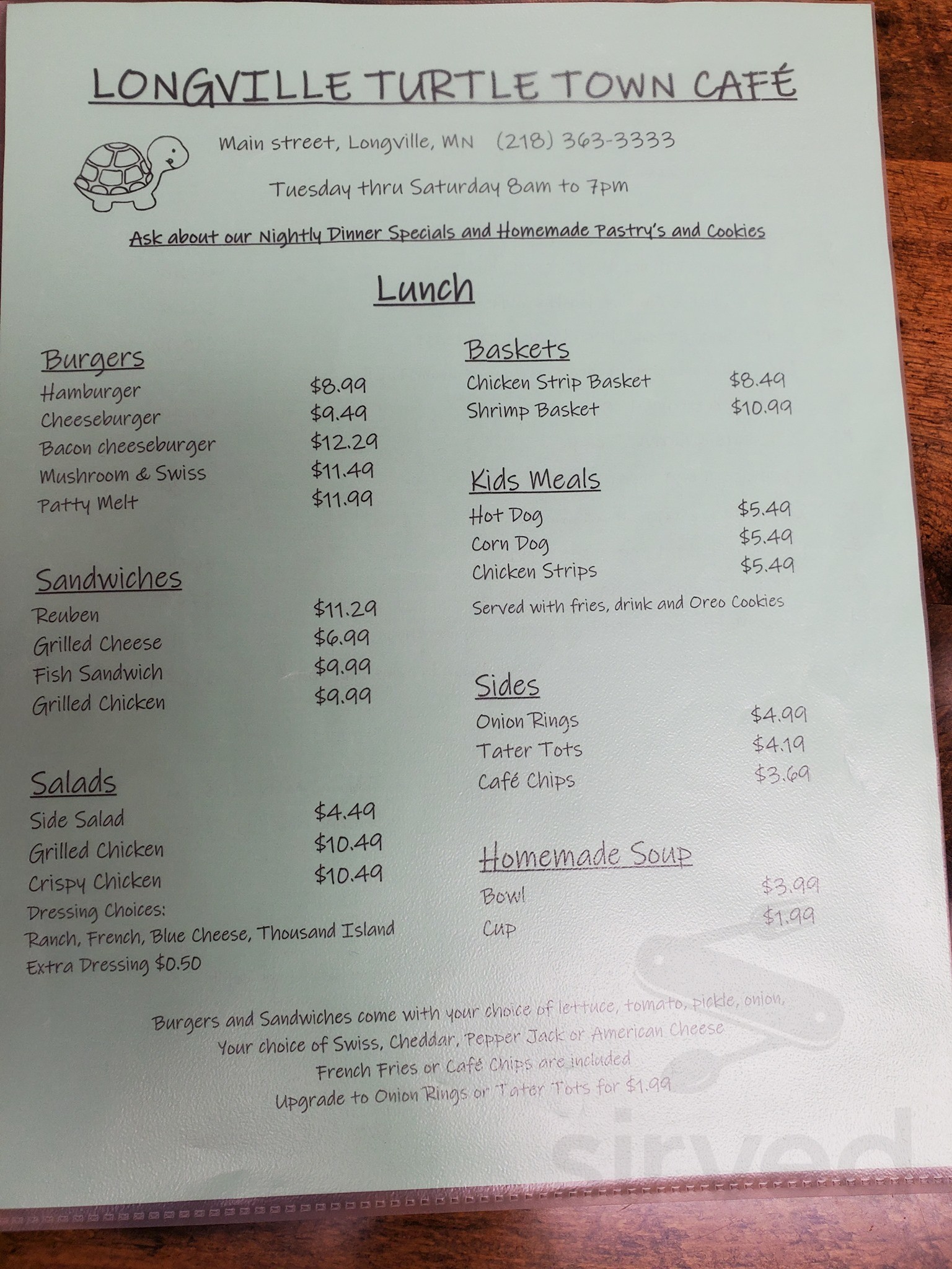 Menu for Longville Turtle Town Cafe in Longville, MN | Sirved