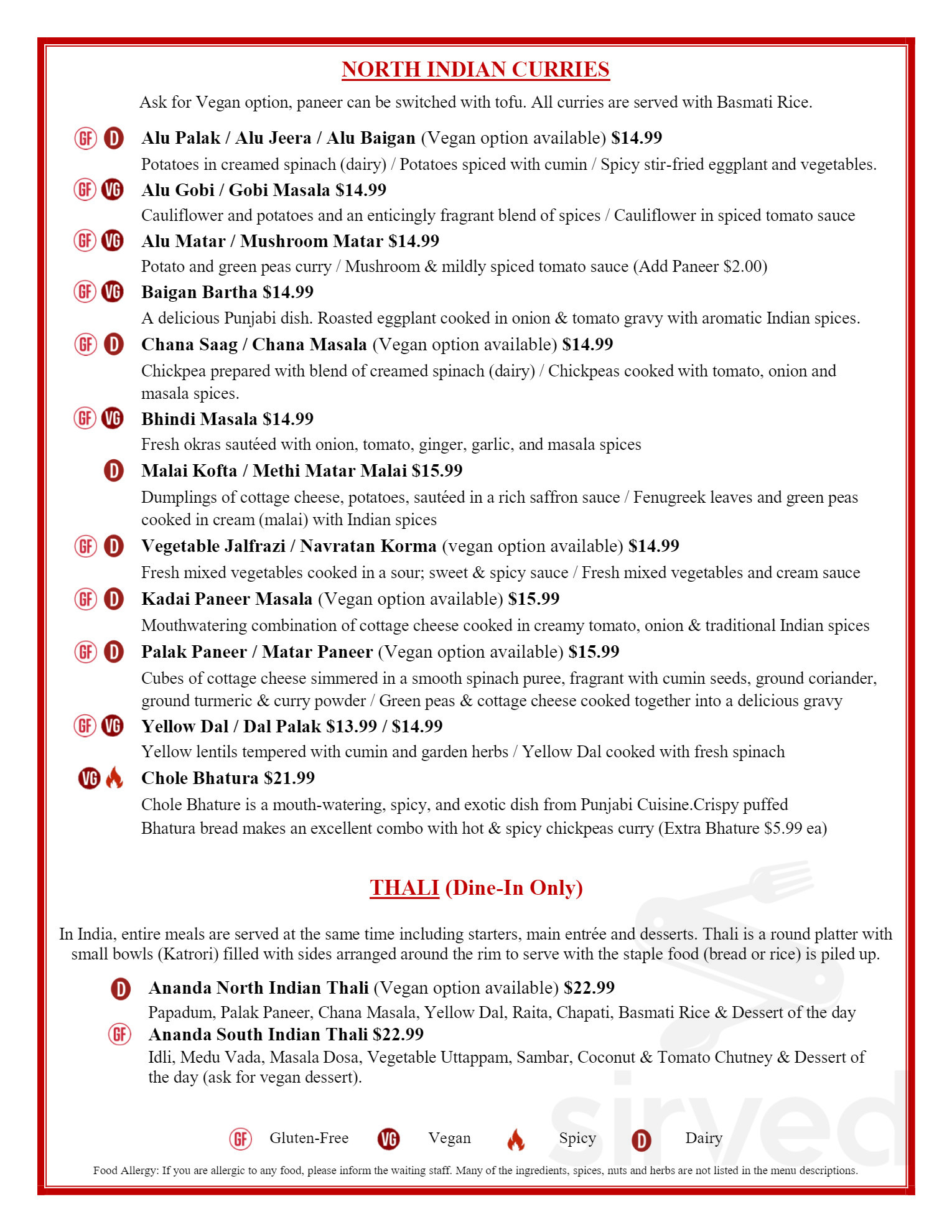 Ananda menu in New York, New York, USA