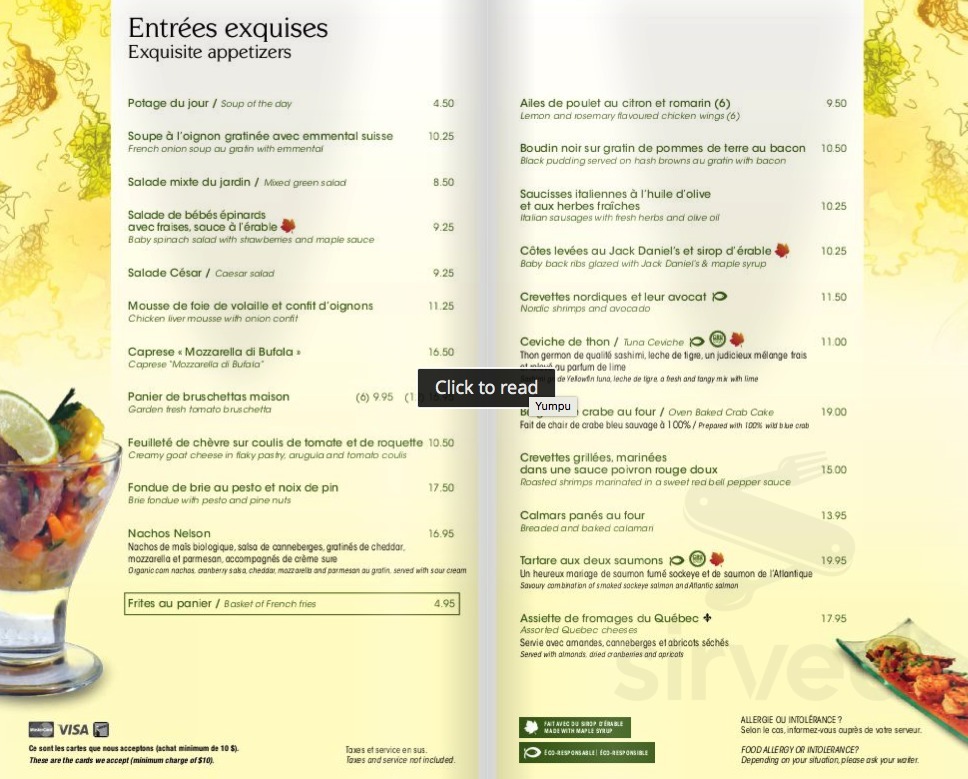 Menu - Montréal QC's Jardin Nelson | Sirved