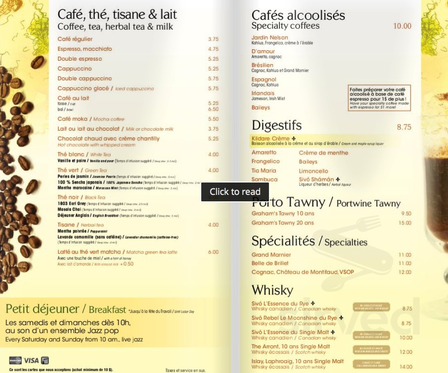 Jardin Nelson menu in Montréal, Quebec, Canada
