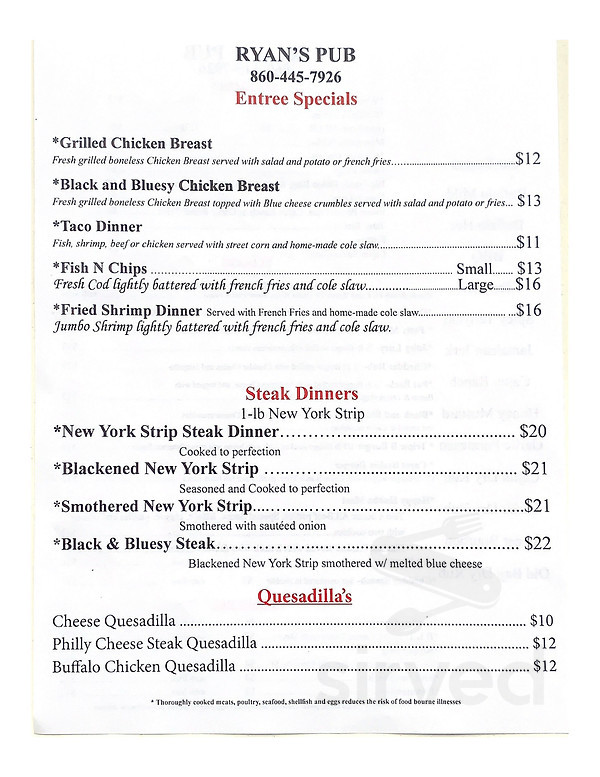 Ryan's Pub menu in Groton, Connecticut, USA