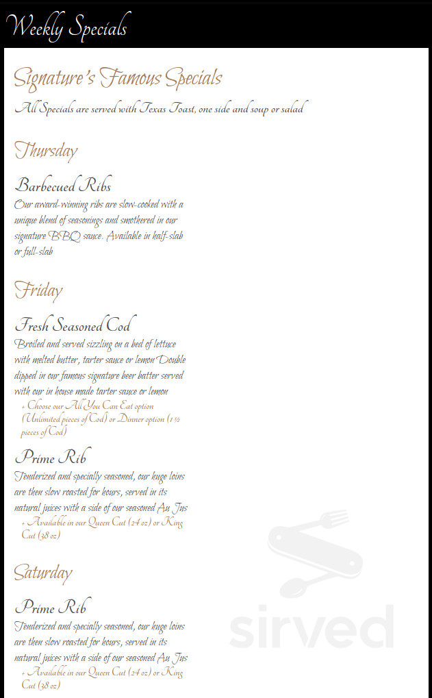Signatures Supper Club menus in Northwood, Iowa, United States