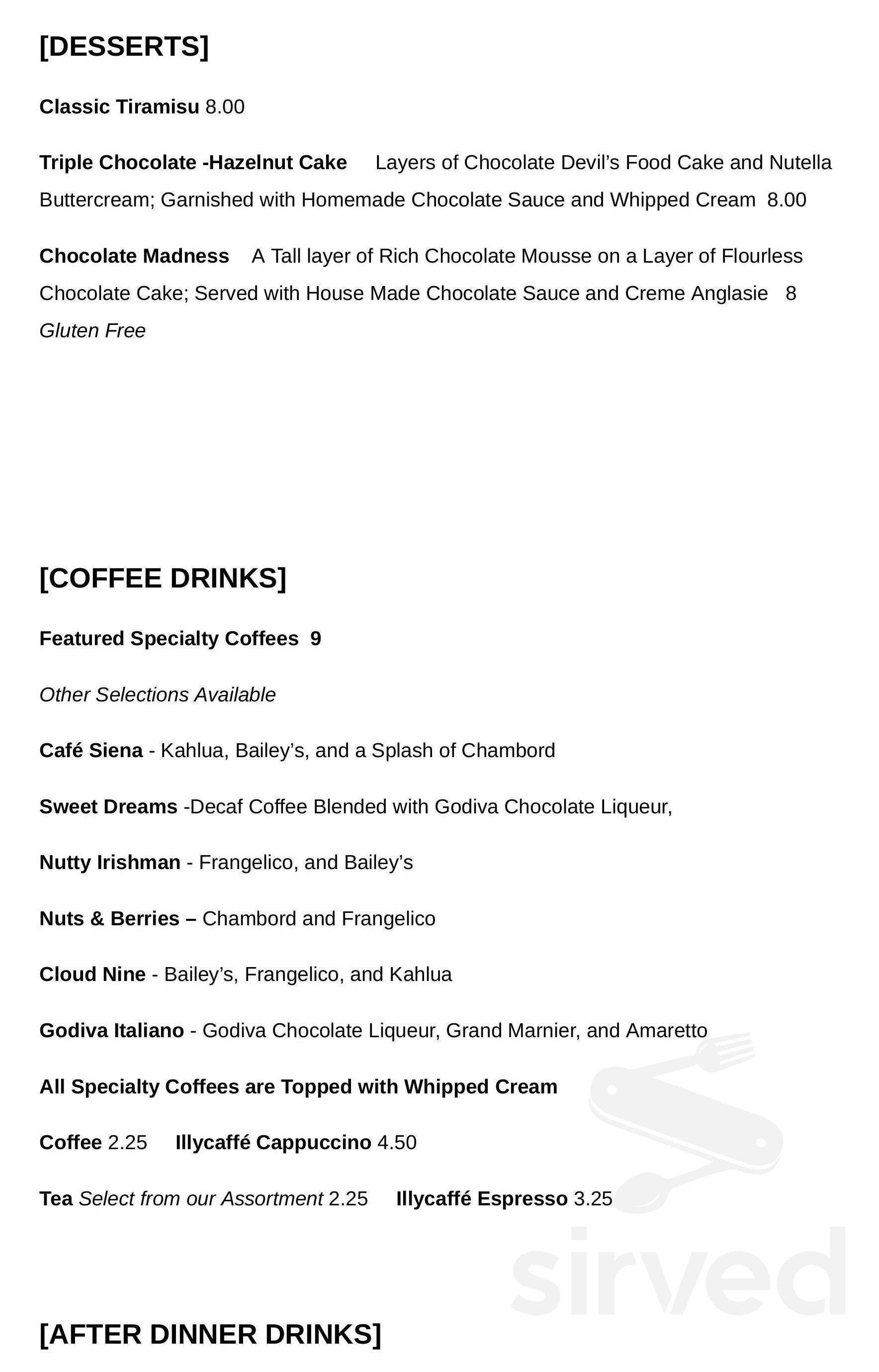 Menu for Siena in Mashpee, MA | Sirved