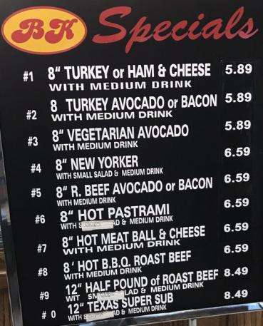 BK Subs menu in Redlands, California, USA