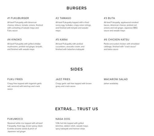 Fuku Burger Chinatown menu in Las Vegas, Nevada, USA